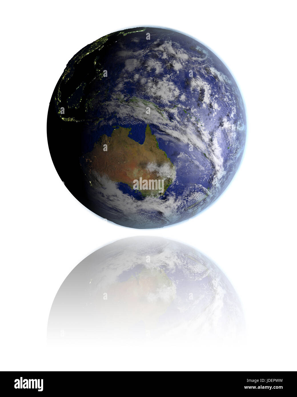 Realistic globe hovering above white reflective surface facing ...