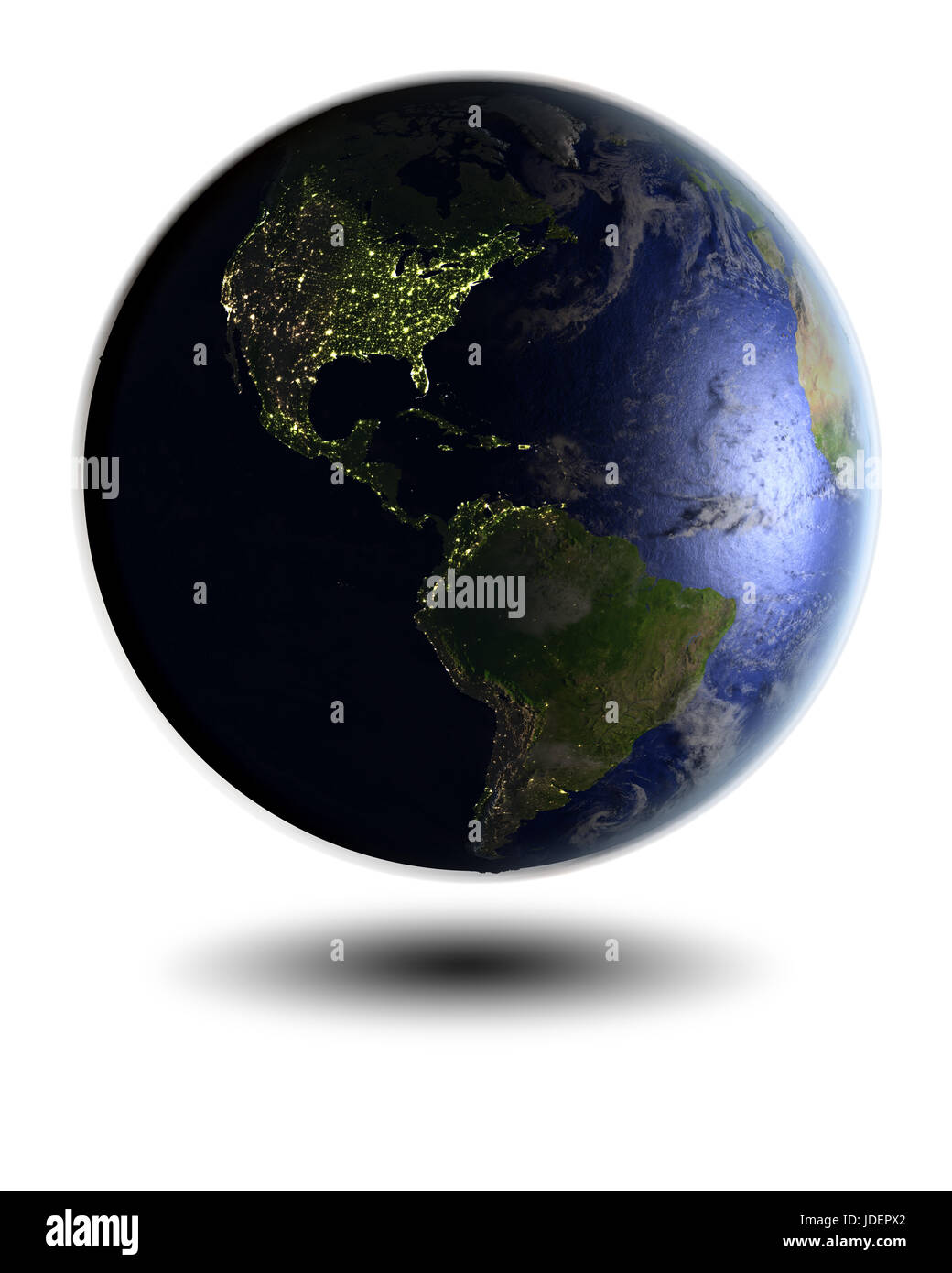 Model of Earth at night facing Americas hovering above white surface ...
