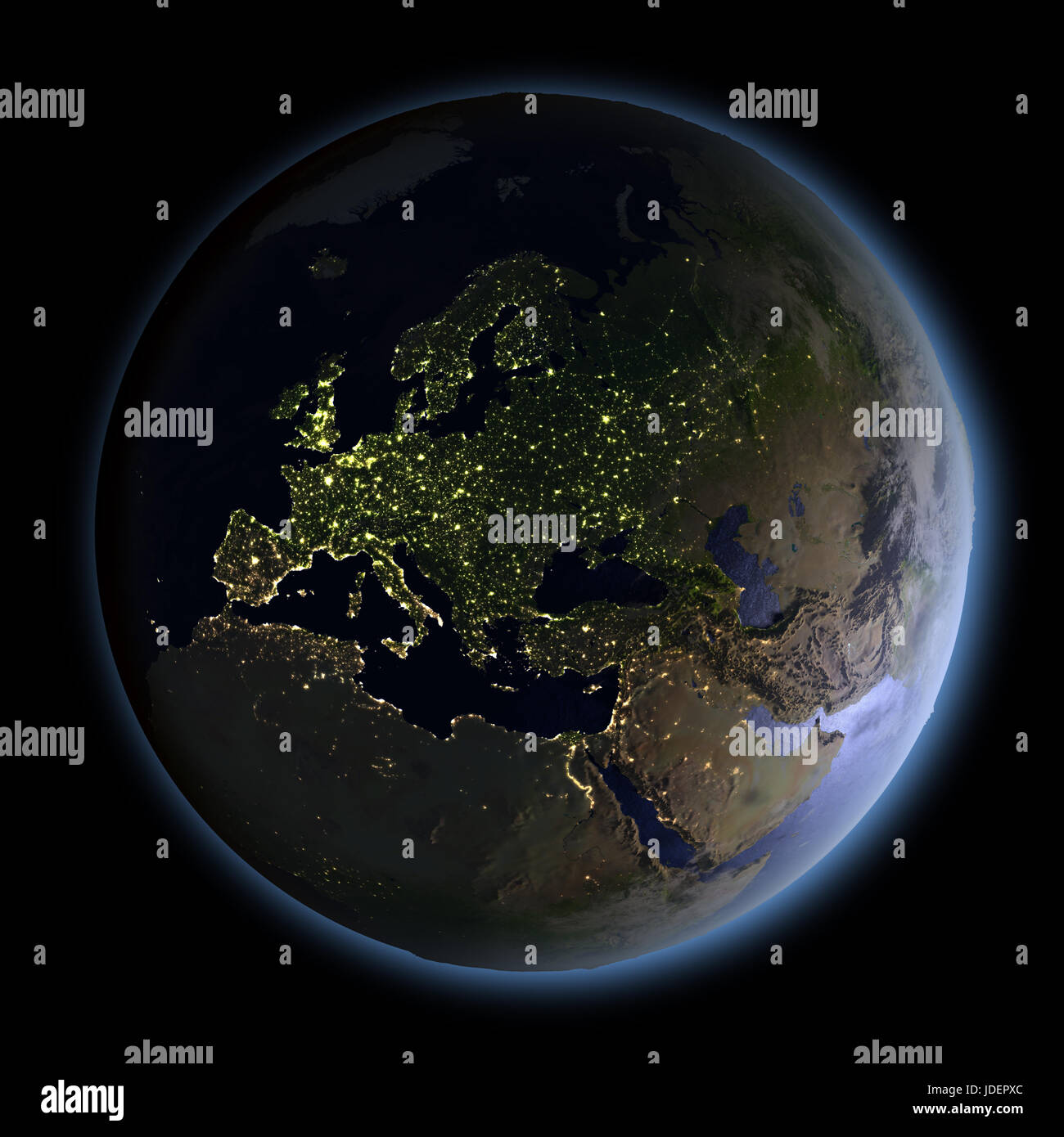 Planet Earth facing Europe at night. 3D illustration with detailed ...