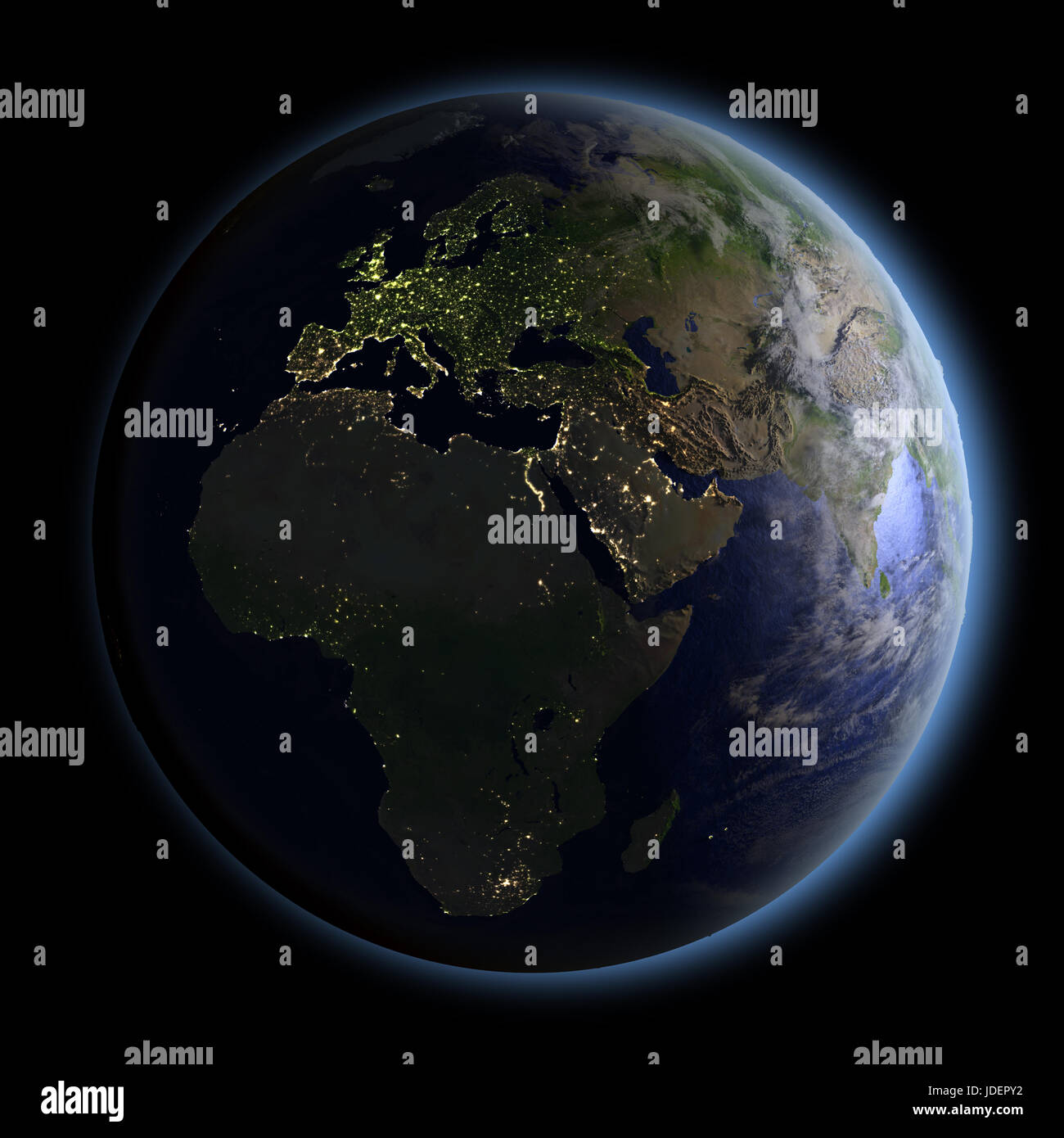 Planet Earth facing EMEA region at night. 3D illustration with detailed ...