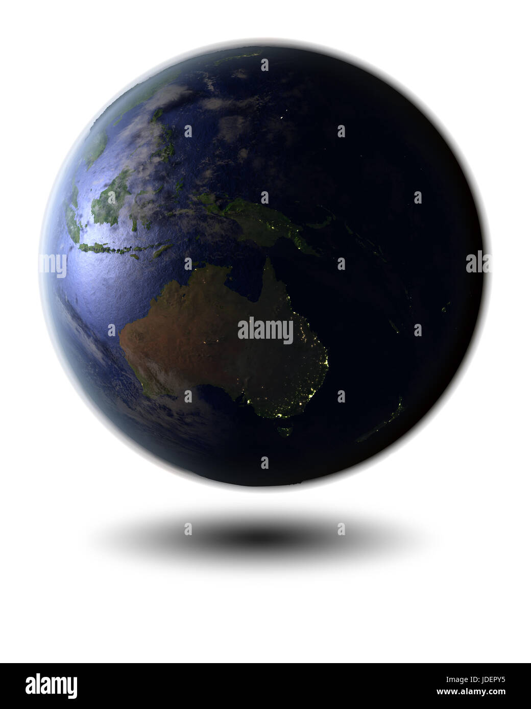 Model of Earth at night facing Australia hovering above white surface ...