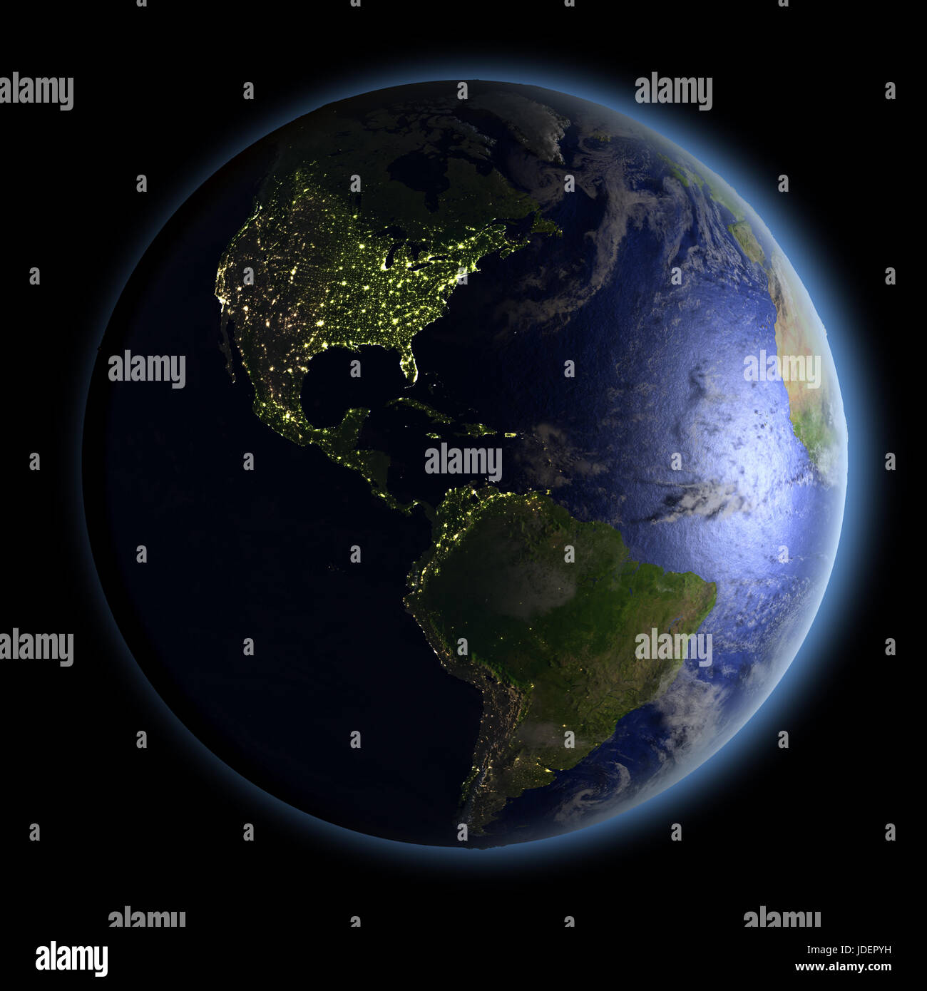 Planet Earth facing Americas at night. 3D illustration with detailed ...
