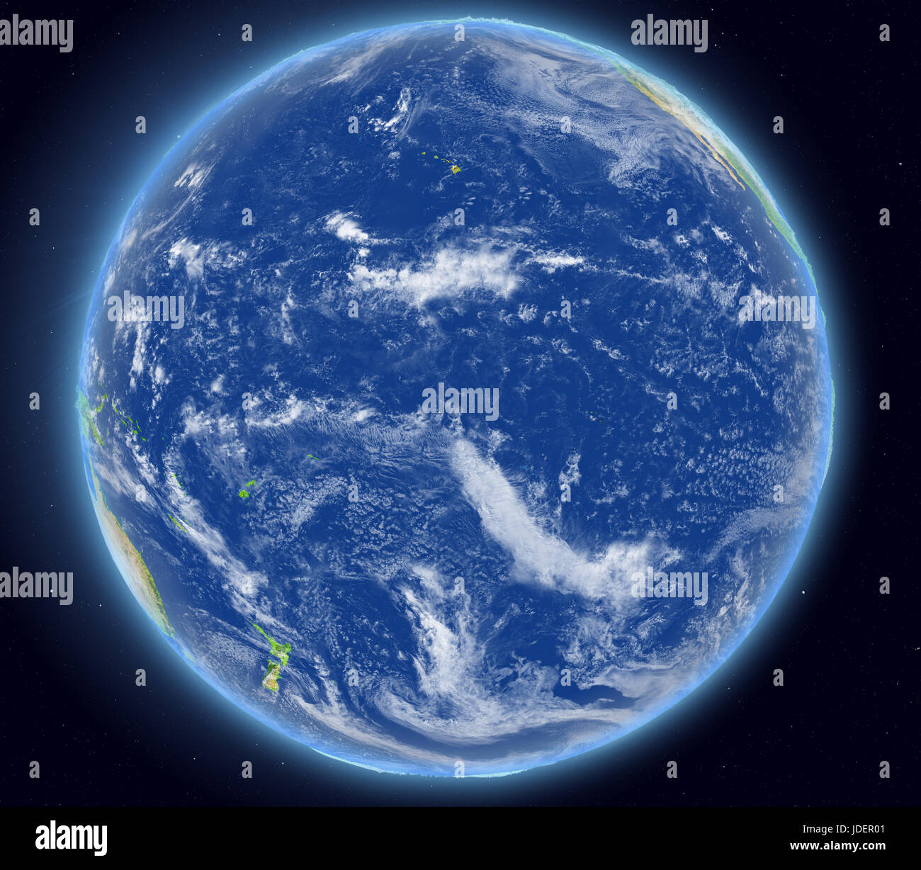 Pacific Ocean on planet Earth as seen from space. 3D illustration with ...