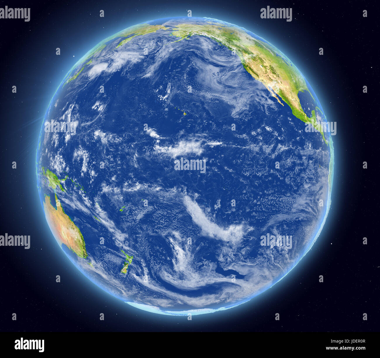 Pacific Ocean on planet Earth as seen from space. 3D illustration with ...