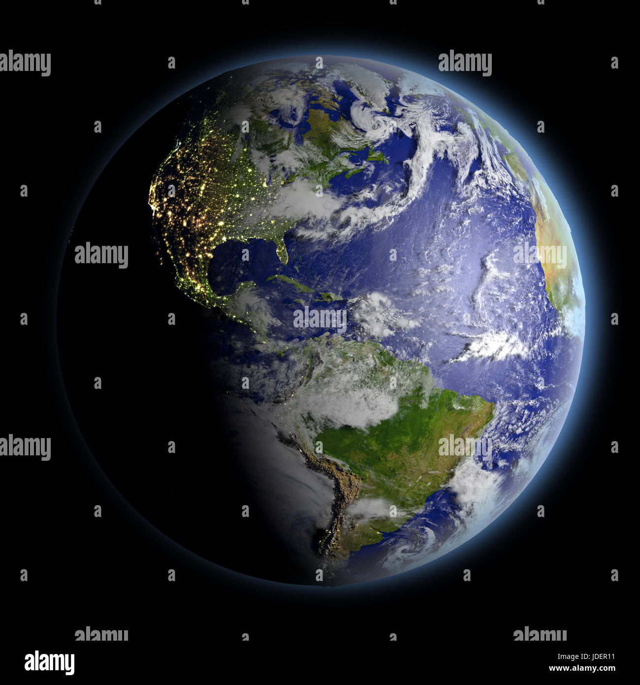 Planet Earth facing Americas illuminated by morning sunlight. 3D ...