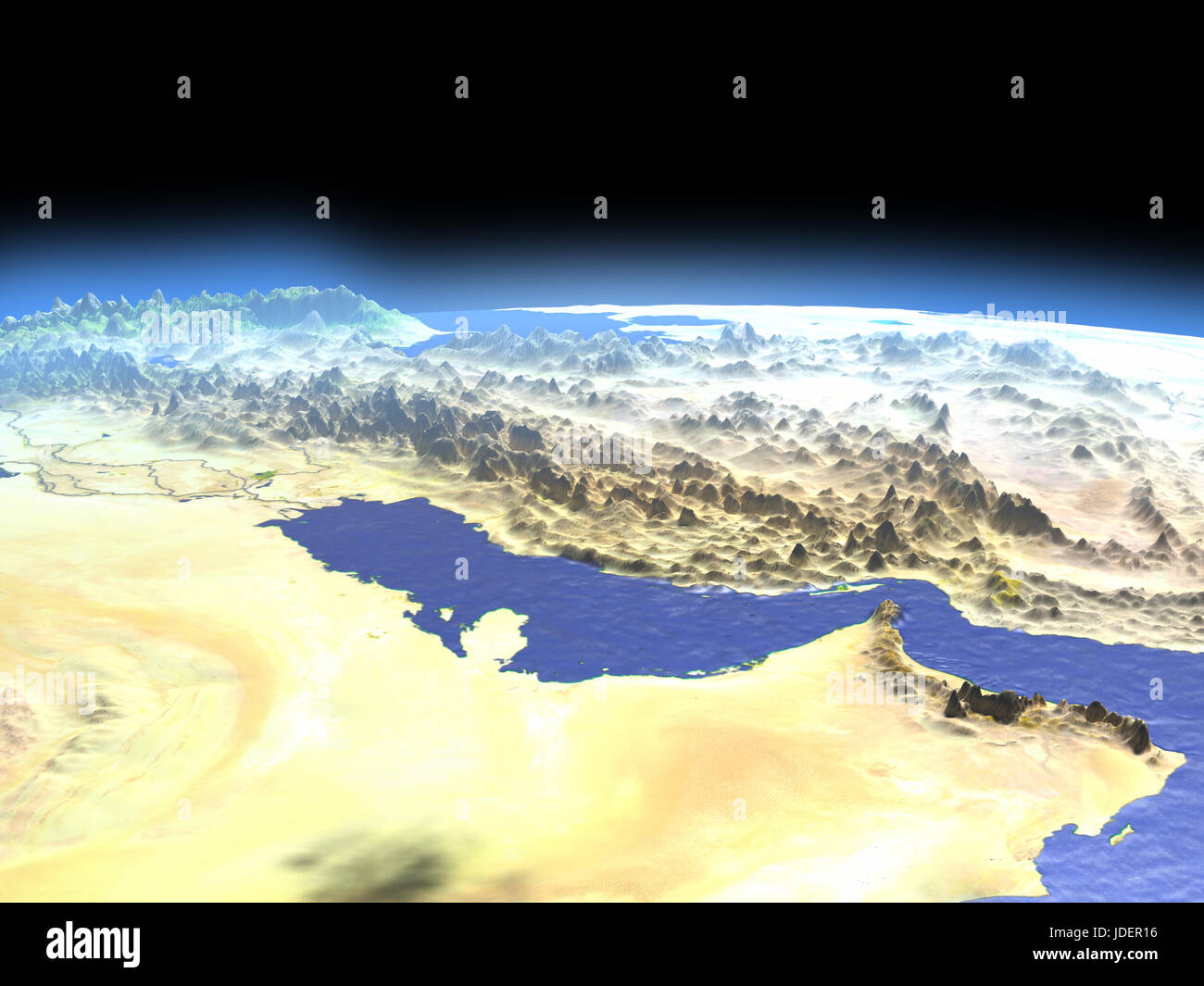 Persian Gulf as seen from earth's orbit in space on bright day. 3D ...