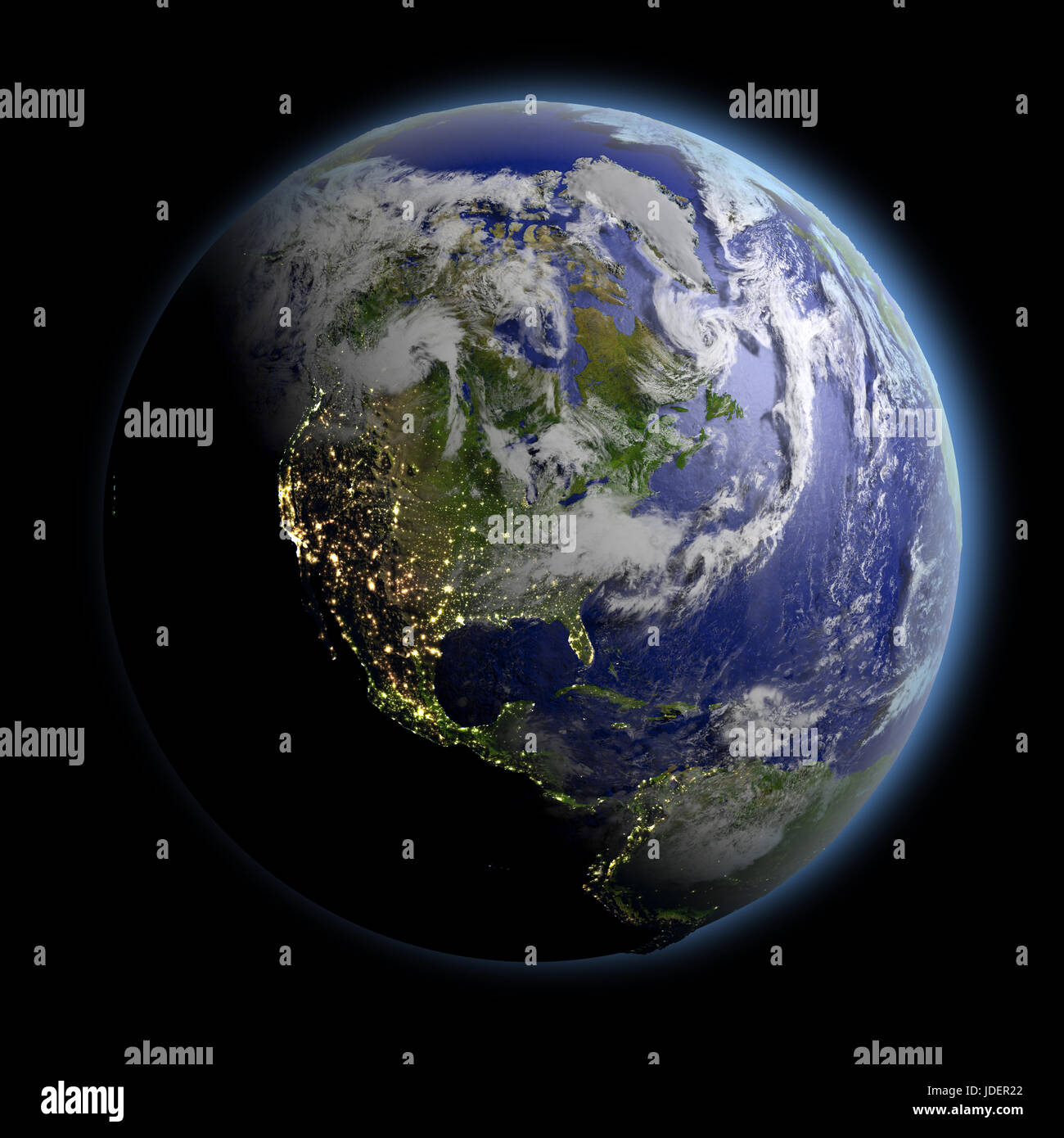 Planet Earth facing North America illuminated by morning sunlight. 3D ...