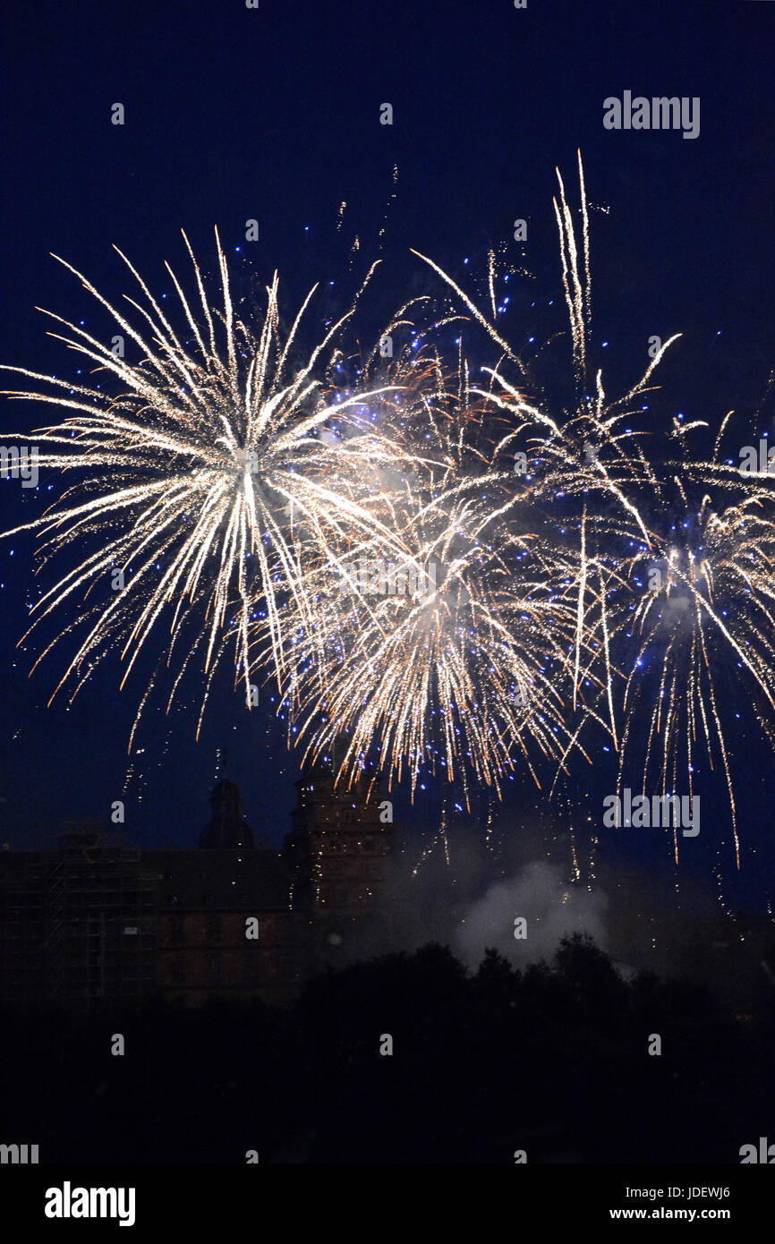 Colorful fireworks at night with castle in the background Stock Photo ...