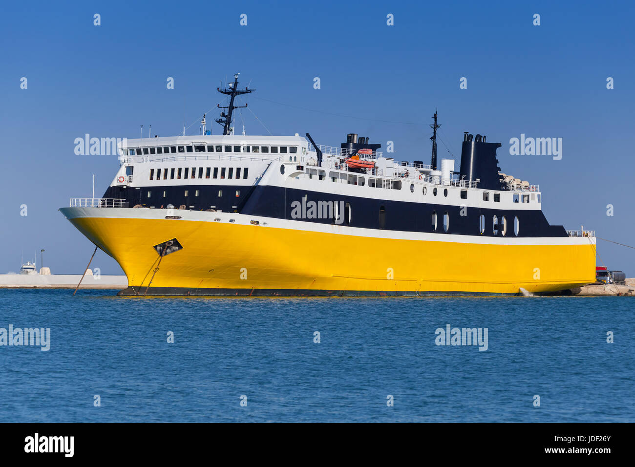 Yellow passenger ferry moored in port of Zakynthos, Greek island in the ...