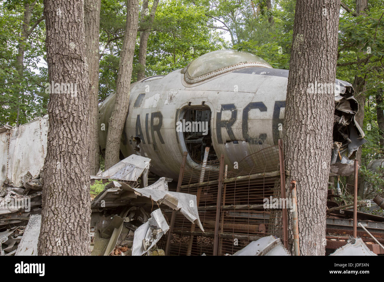 Nose cone of wrecked US Air Force fighter jet in trees of junkyard ...