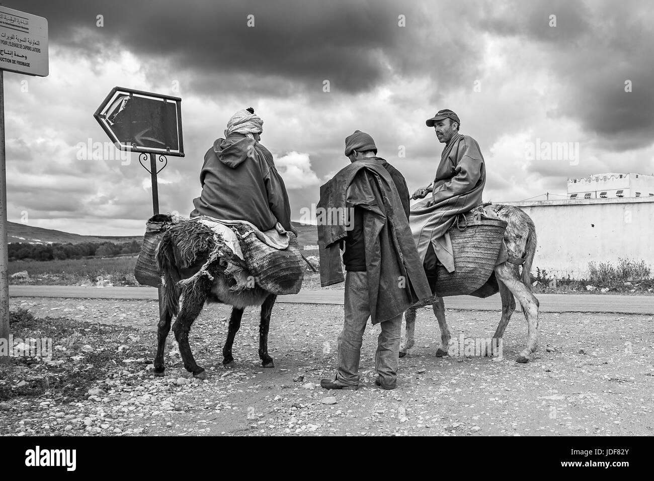 Three men in Moroccan country riding donkeys Stock Photo - Alamy