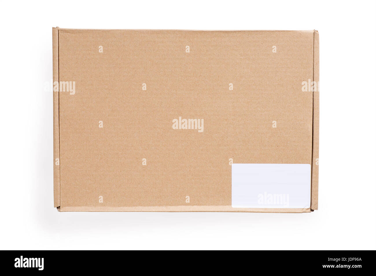 Closed cardboard box with blank white label. Isolated on white ...