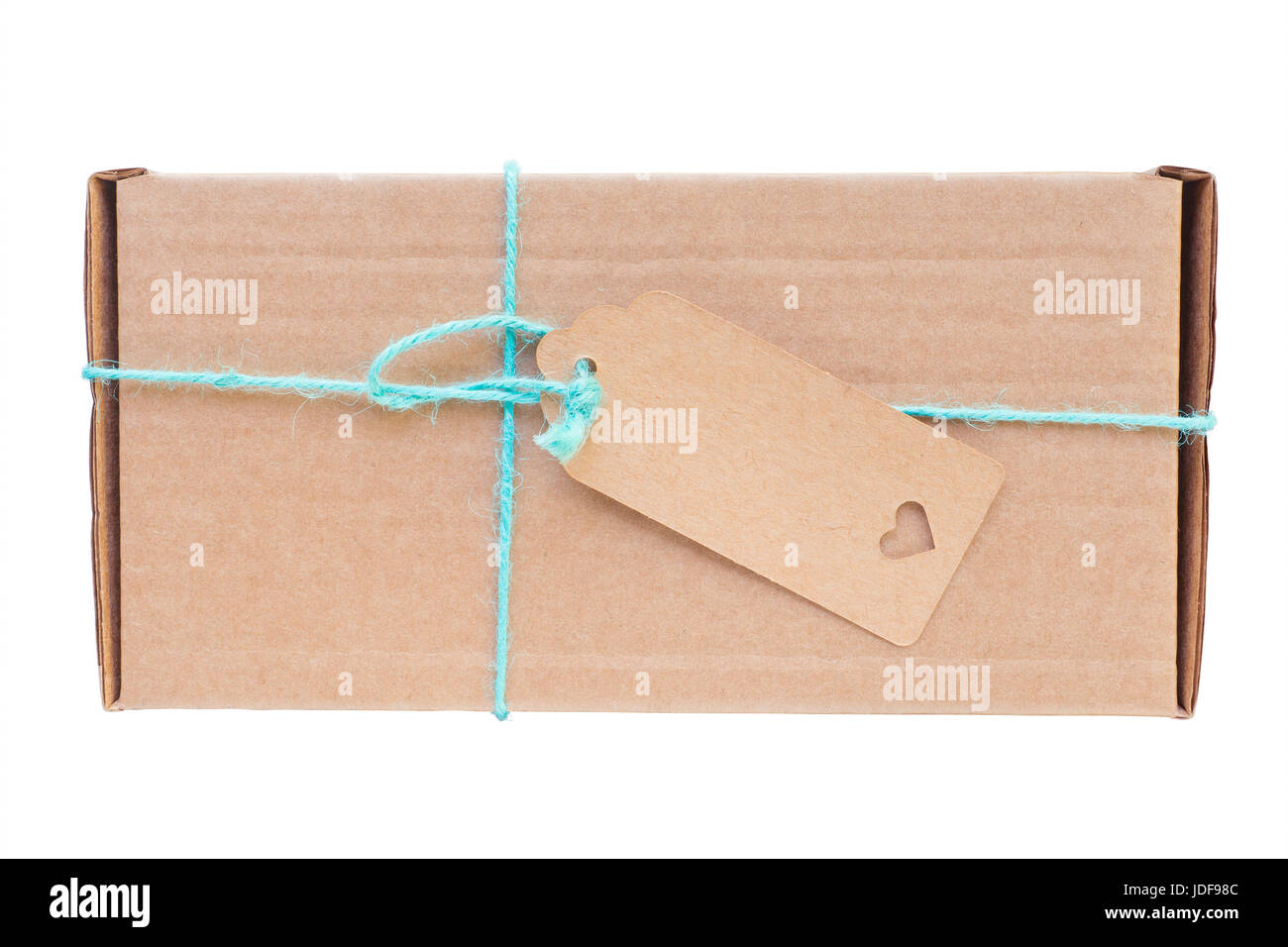 Cardboard gift box tied with blue string. Blank label on it. Isolated ...