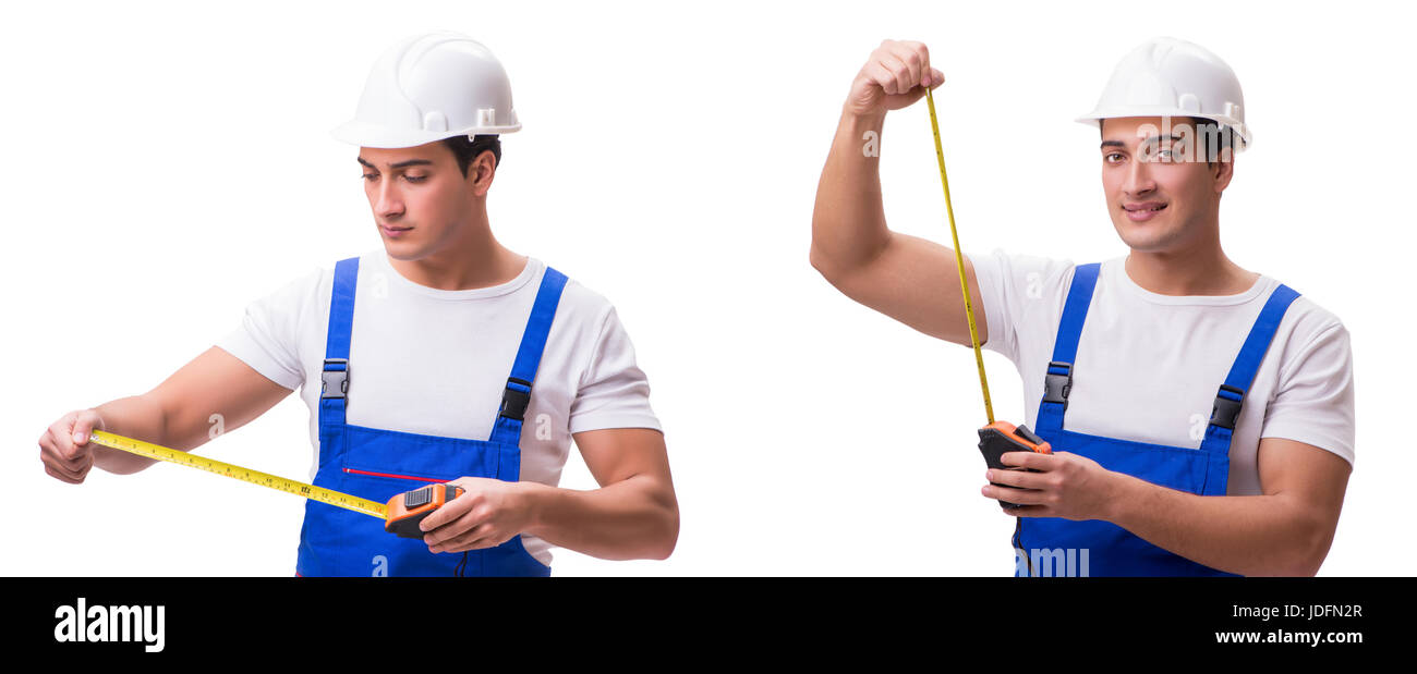 Man with tape measure isolated on white Stock Photo - Alamy
