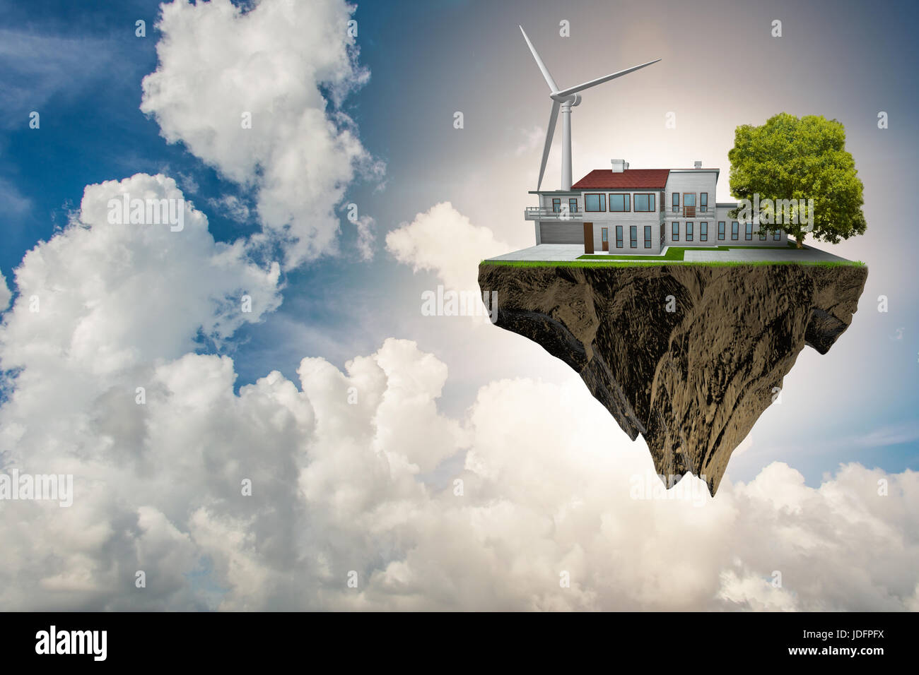 Flying floating island in green energy concept - 3d rendering Stock ...