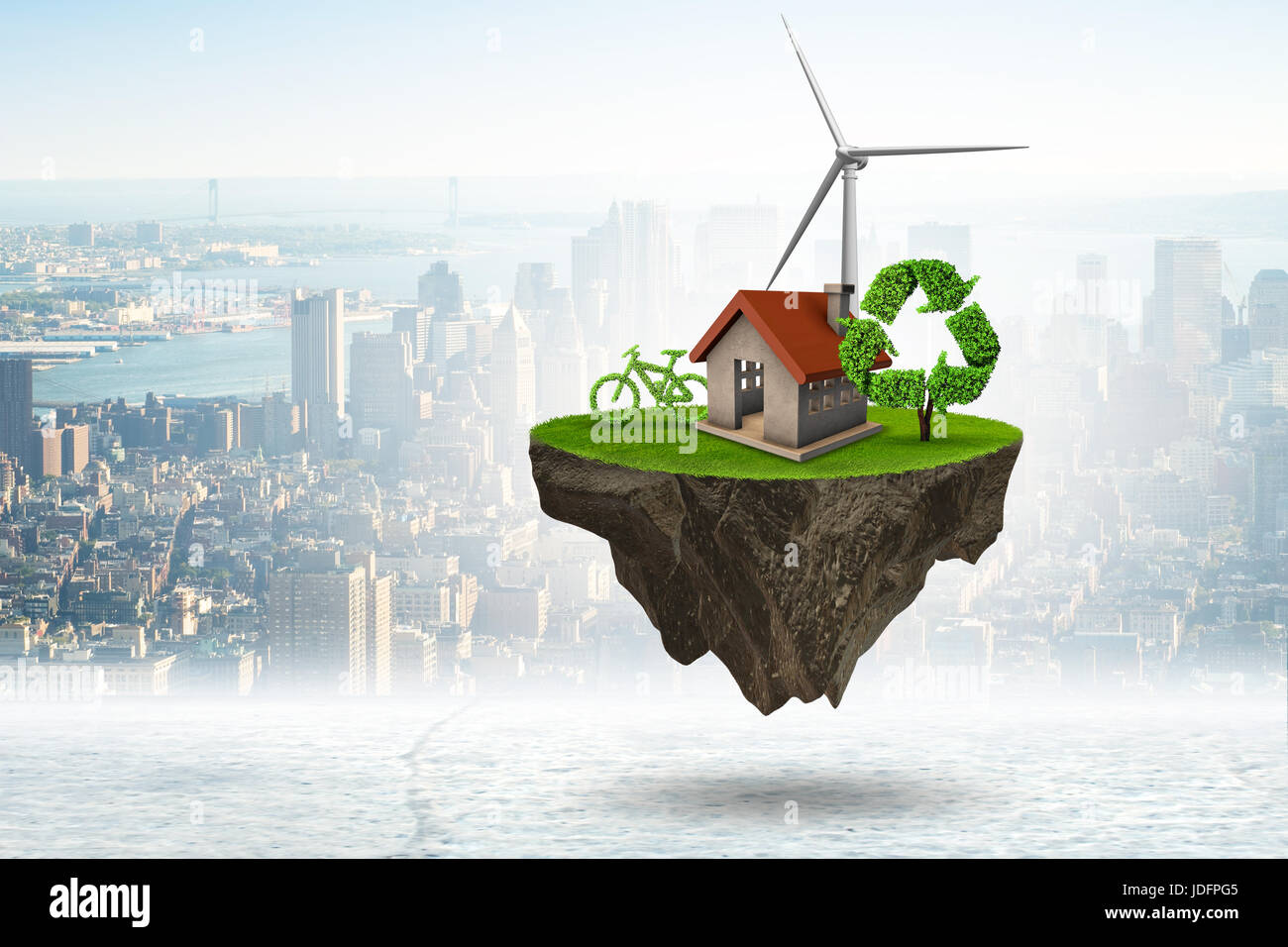 Flying floating island in green energy concept - 3d rendering Stock ...