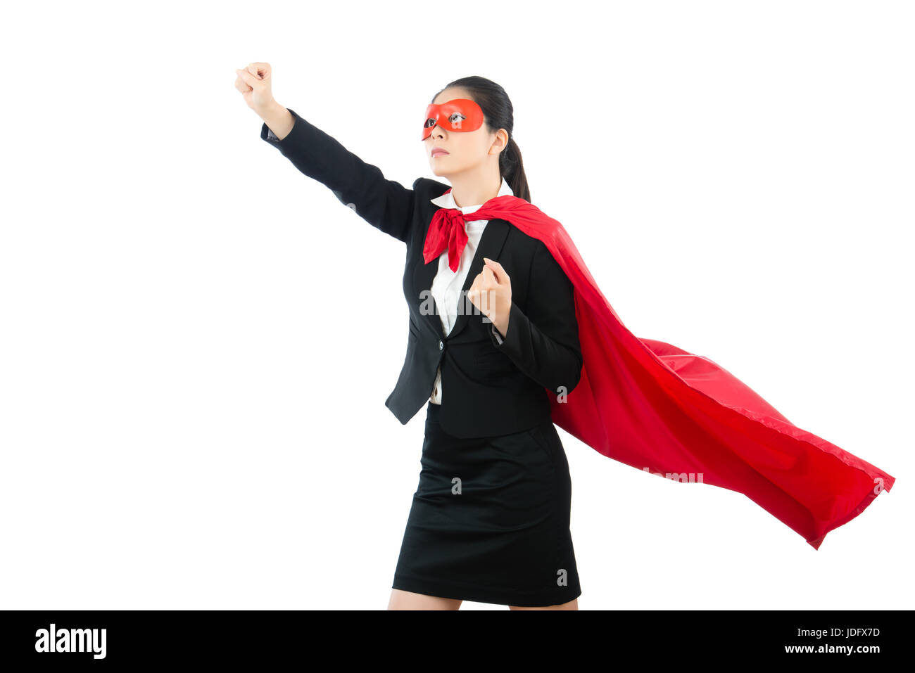 woman cosplay superhero with gripped fist showing on white background ...