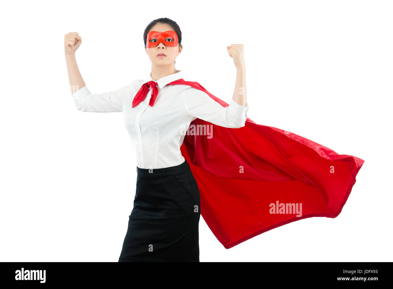 successful confidence office lady superhero showing her strong muscle ...
