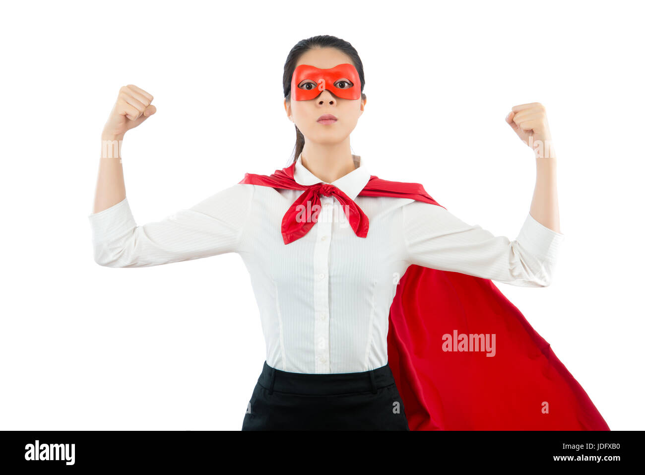 concept of closeup businesswoman showing arms muscle means get victor ...