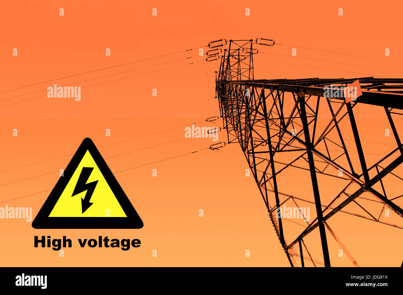 Power tower warning signs Stock Photo - Alamy