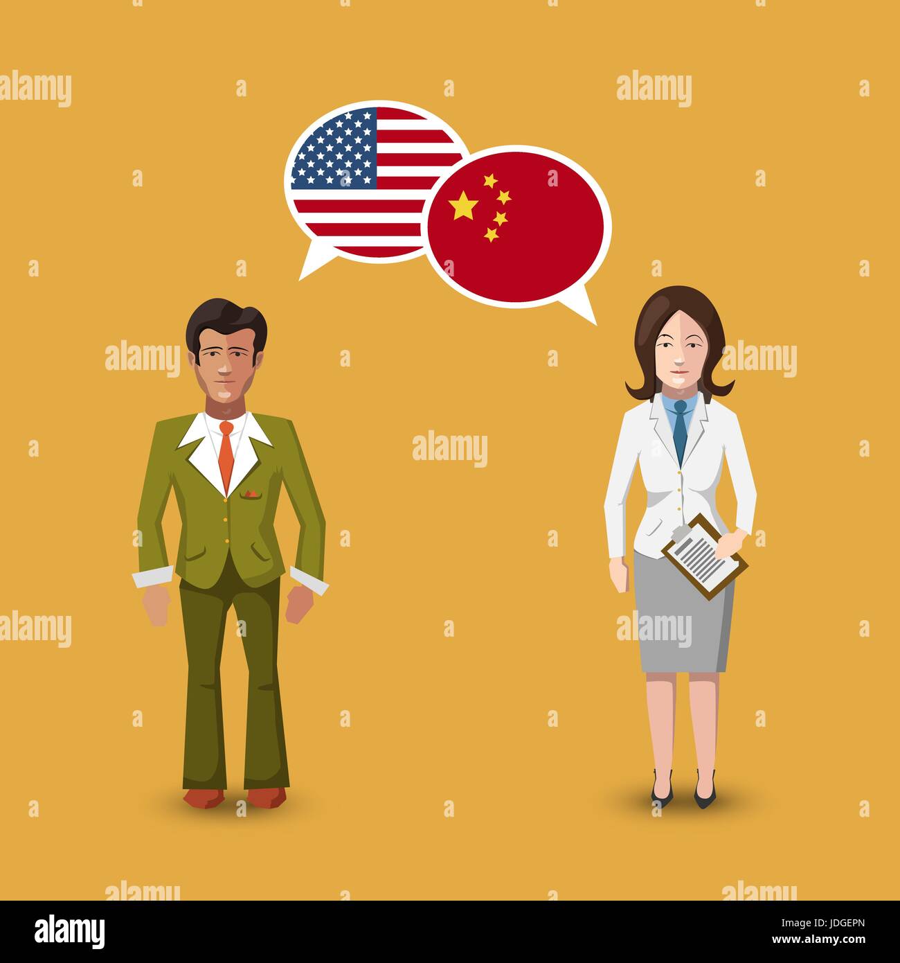 Two people with white speech bubbles with USA and China flags. Language ...