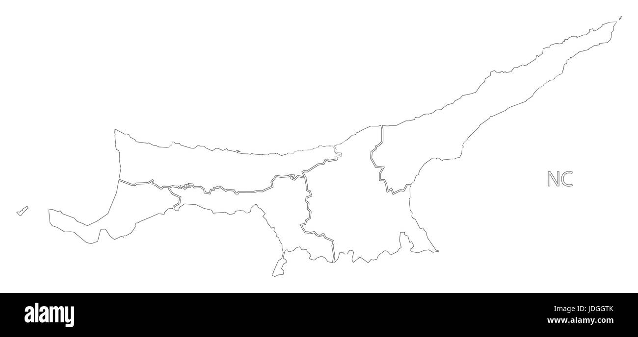 Northern Cyprus regions outline silhouette map illustration with black ...