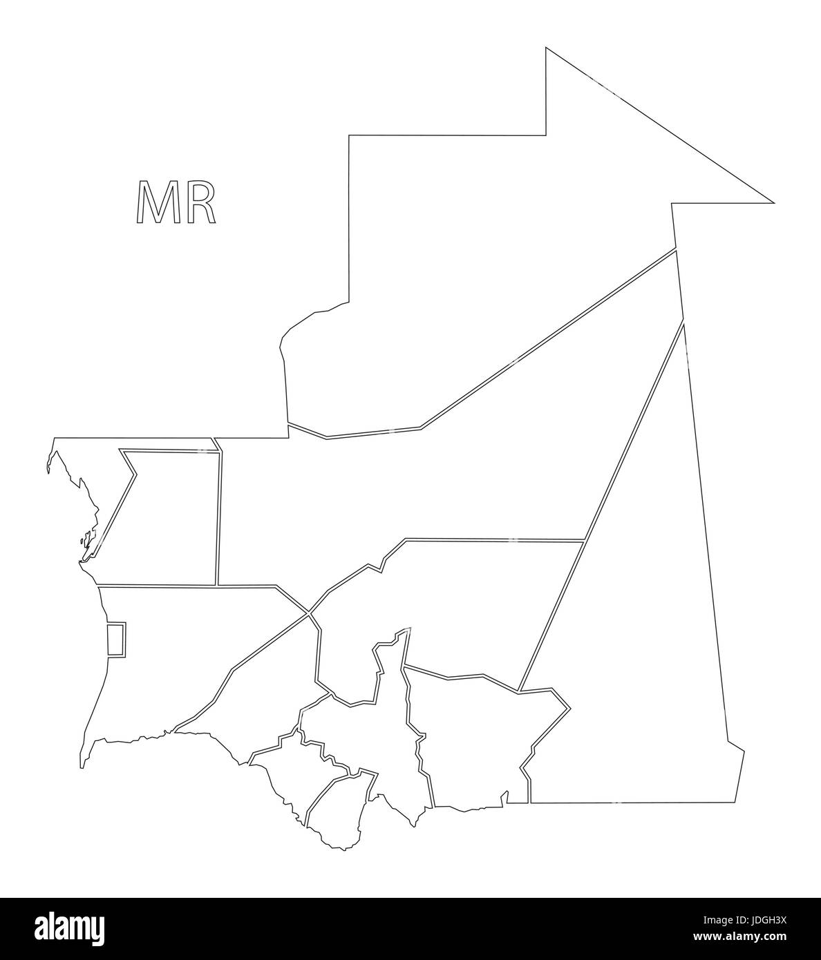 Mauritania regions outline silhouette map illustration with black shape ...