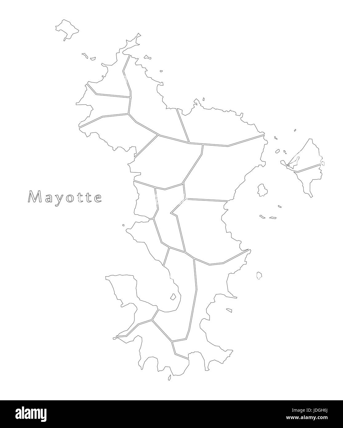 Mayotte with communes outline silhouette map illustration with black ...