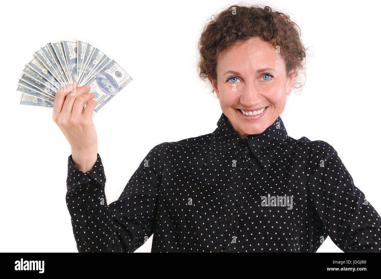 Attractive pensive lady holding cash over white background Stock Photo ...