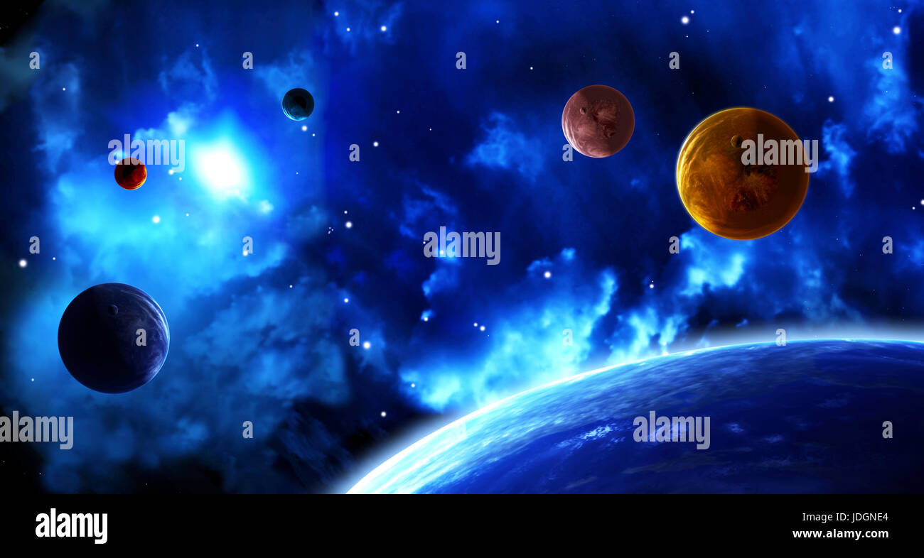 A beautiful space scene with sun, planets and nebula. Elements of this ...