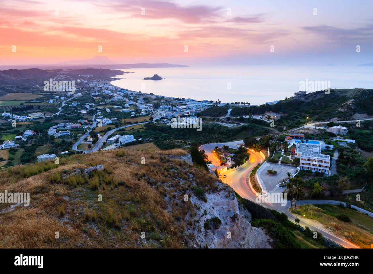 Beautiful morning aerial view of the village Kefalos, Kastri island and ...