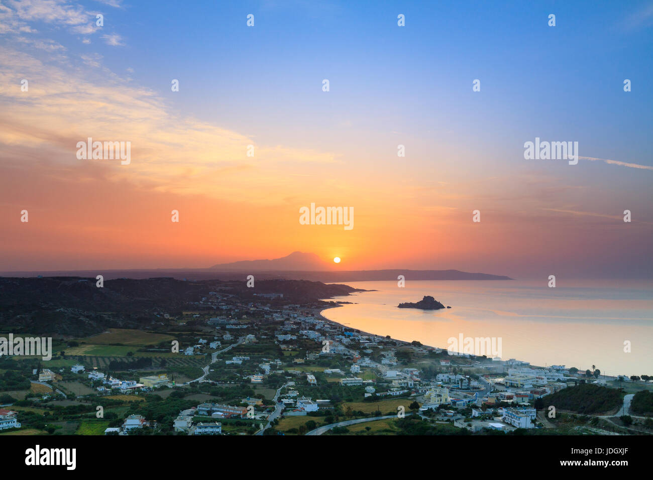 Beautiful morning aerial view of the village Kefalos, Kastri island and ...