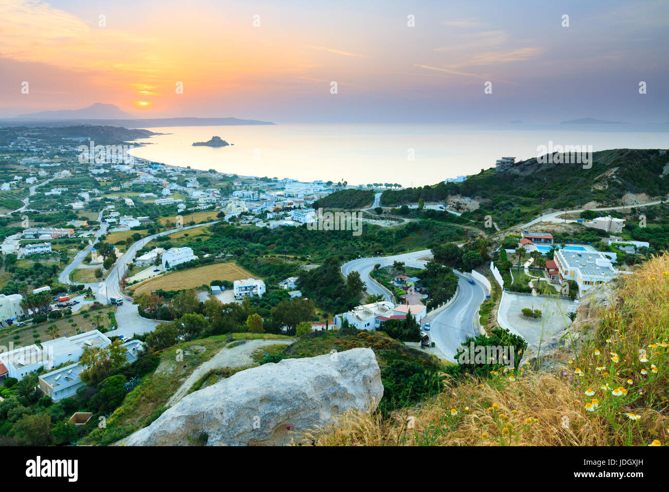 Beautiful morning aerial view of the village Kefalos, Kastri island and ...