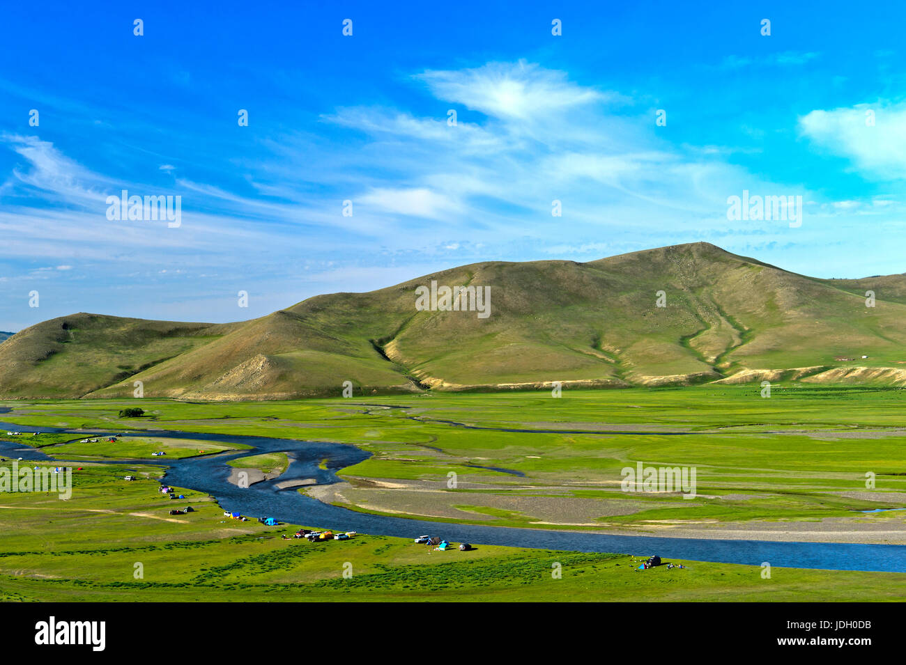Tents in the river bed landscape of the Orkhon river, UNESCO World ...