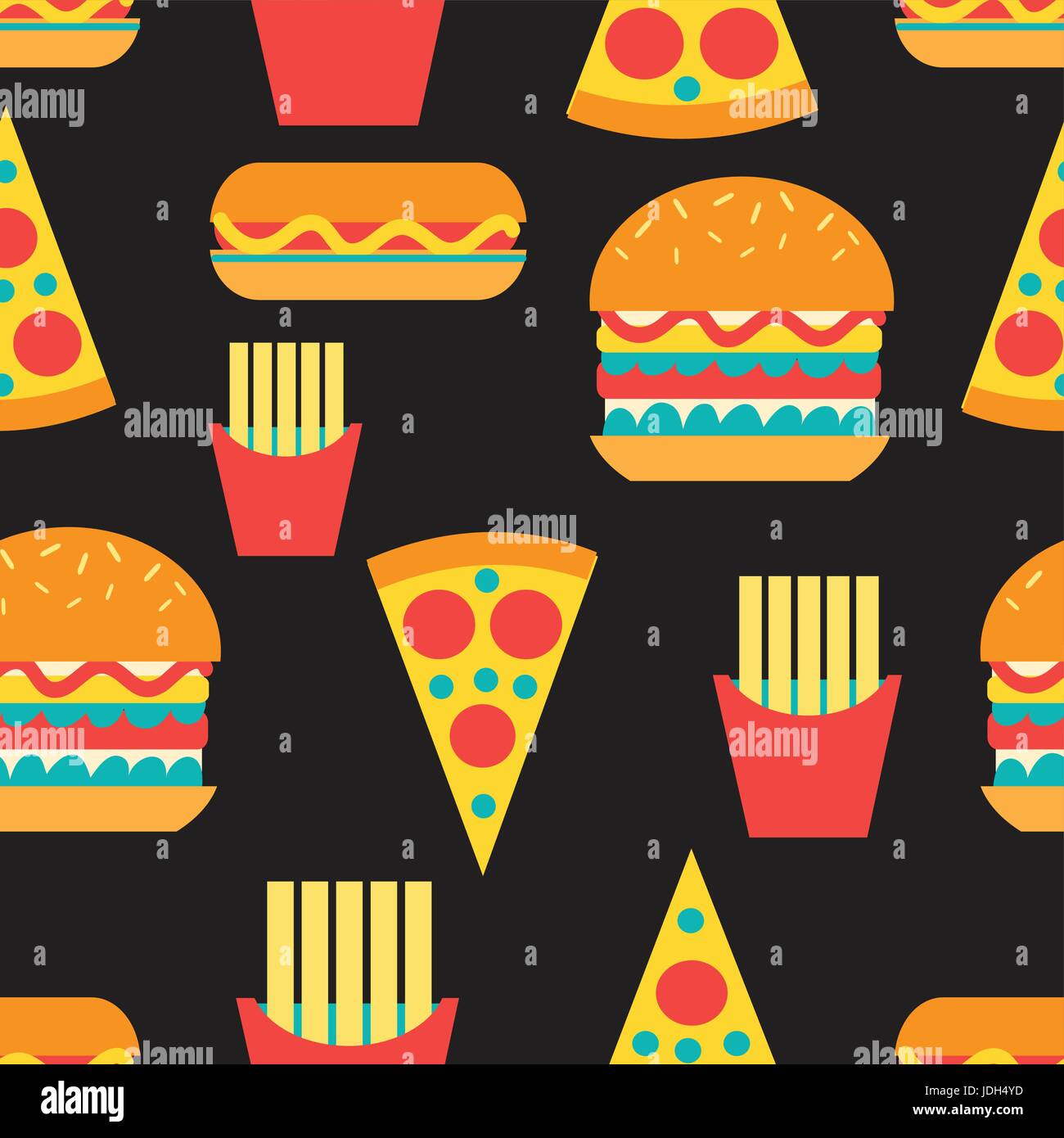 Seamless bright pattern of burgers and fast food on a dark background ...