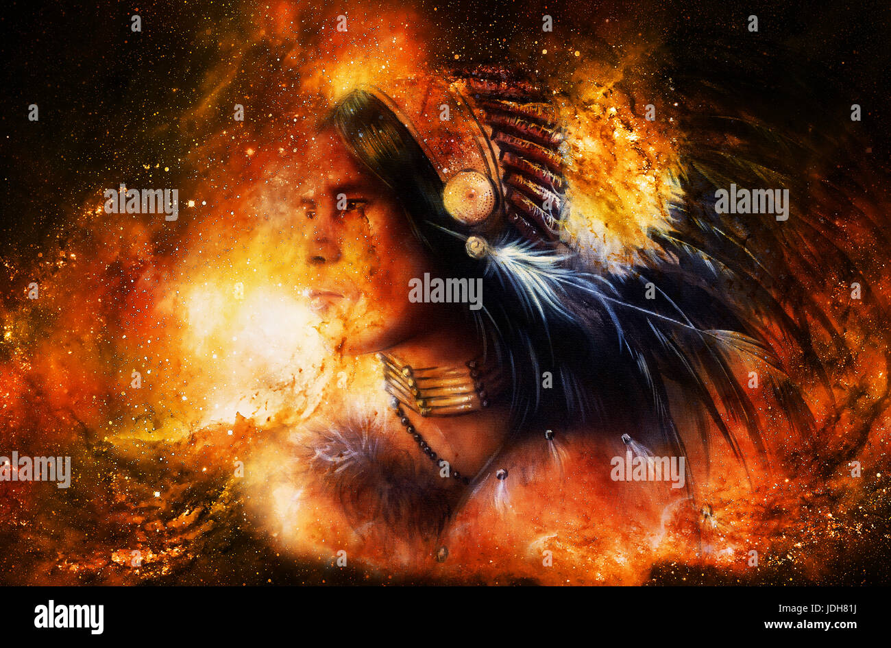 Beautiful young indian warrior in cosmic space. Painting collage. Fire ...