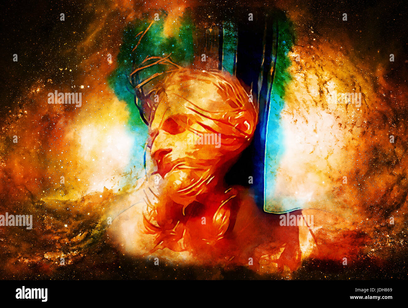 Jesus on the cross in cosmic space. Fire effect Stock Photo - Alamy