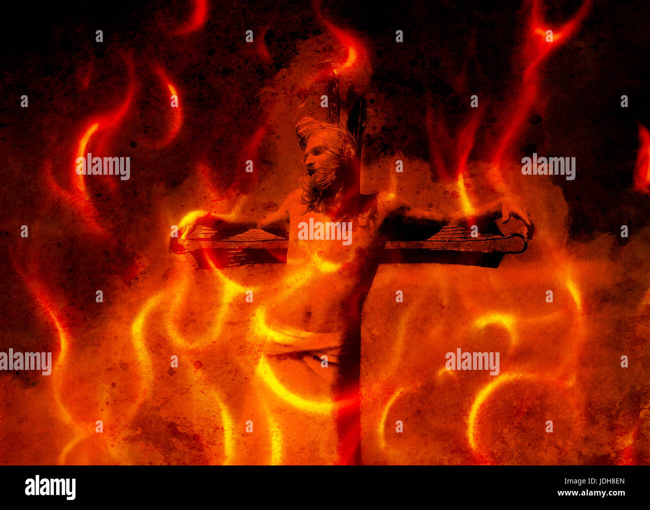 interpretation of Jesus on the cross, graphic painting version. Fire ...