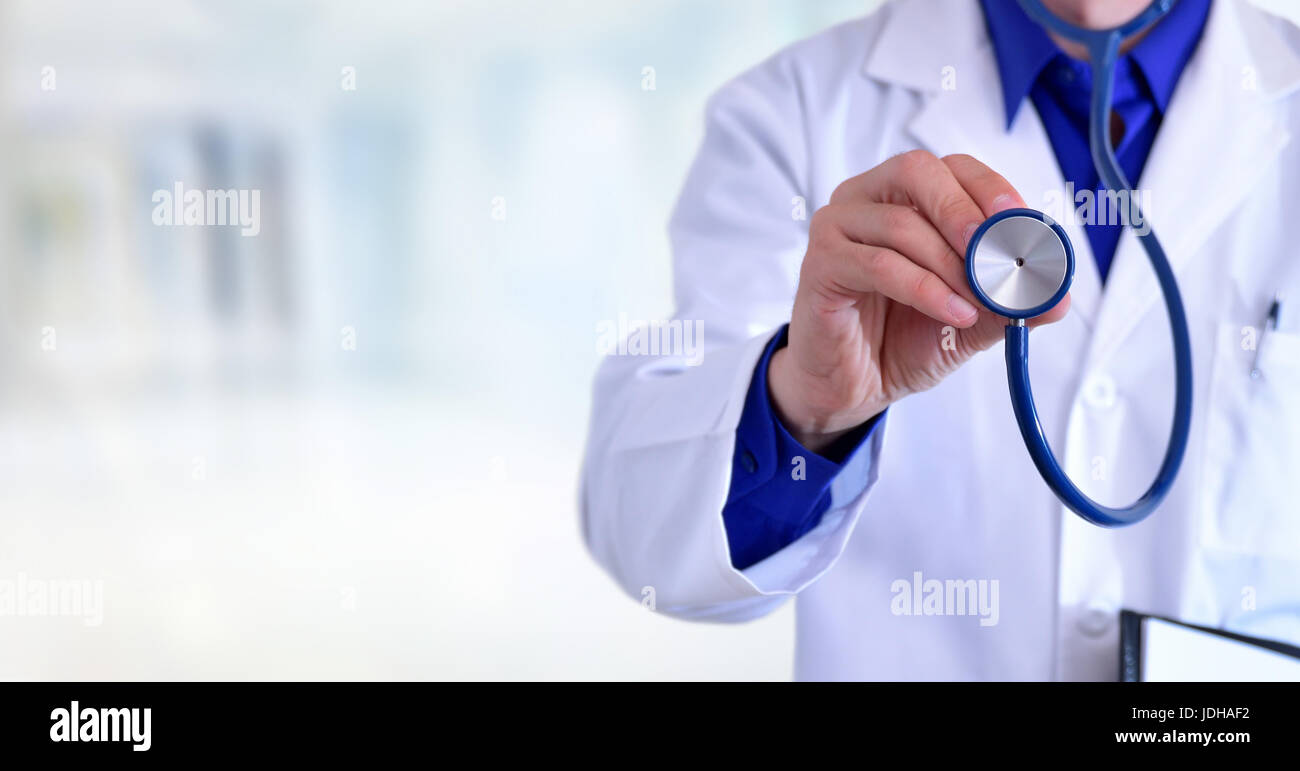 Caucasian general doctor with black clipboard showing stethoscope ...