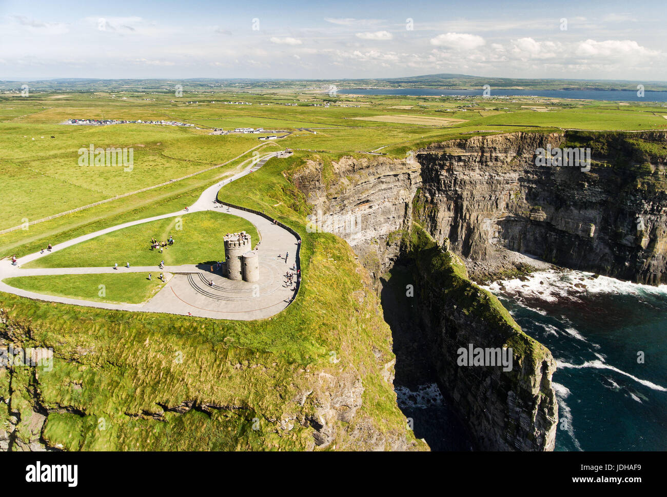 World famous birds eye aerial drone view of the Cliffs of Moher in ...