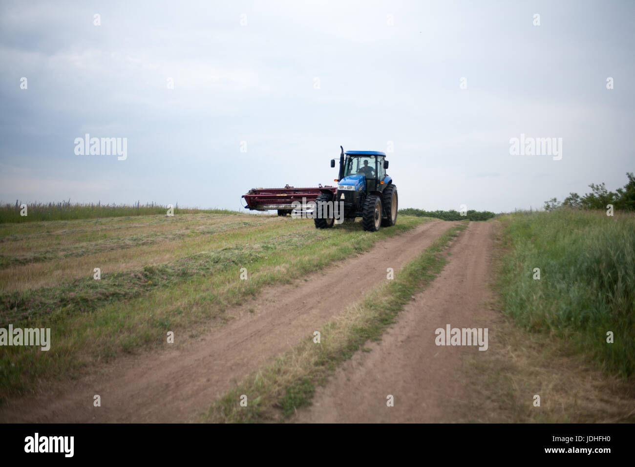 Tractor with mower mowing grass in the summer summer field. pasture ...