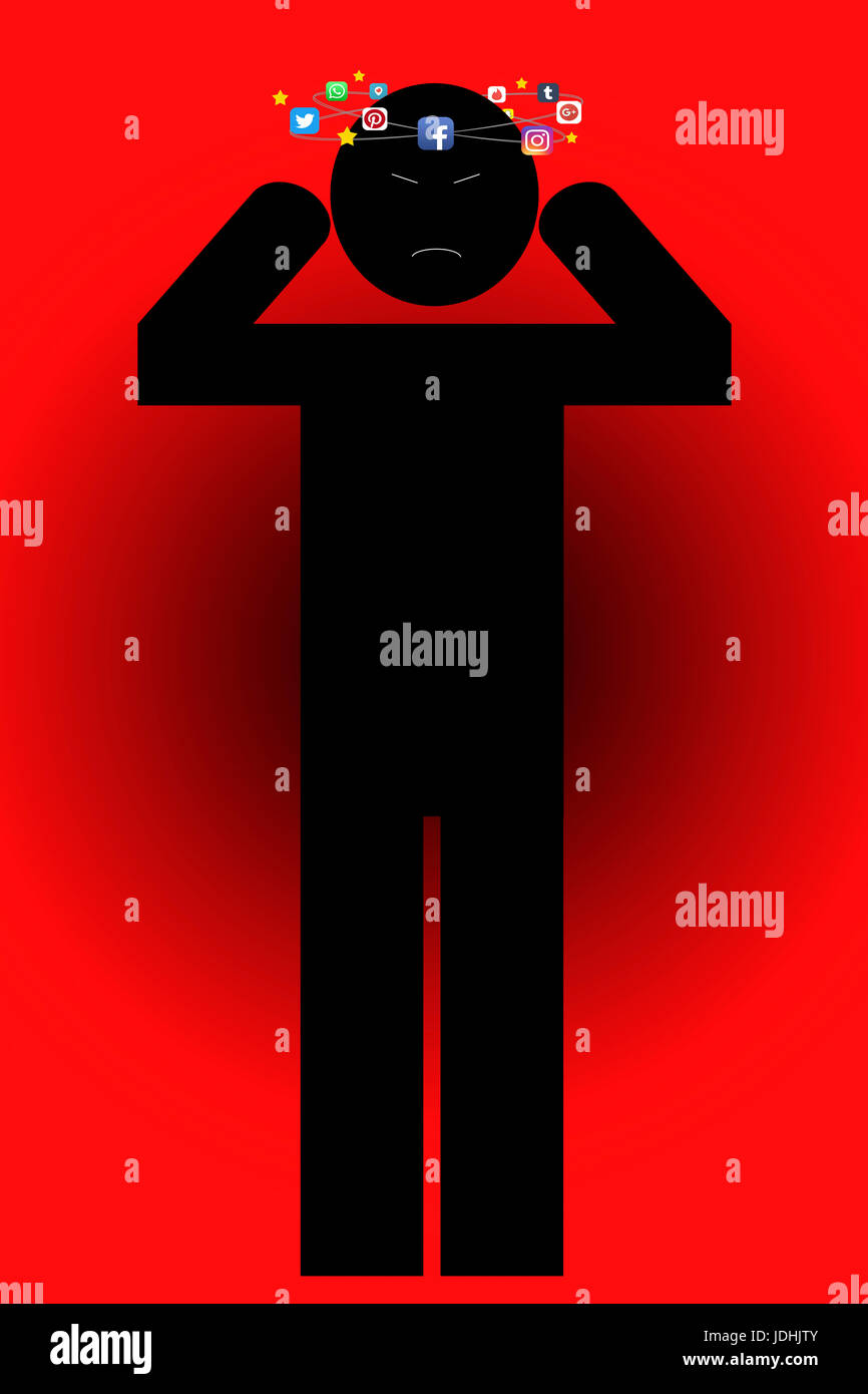 Dizziness conceptual illustration. Silhouette of a man with social ...