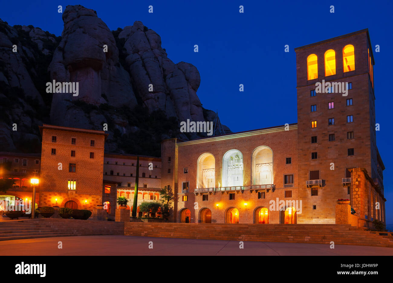 Spain. Montserrat Monastery. Night view of Santa Maria de Montserrat ...
