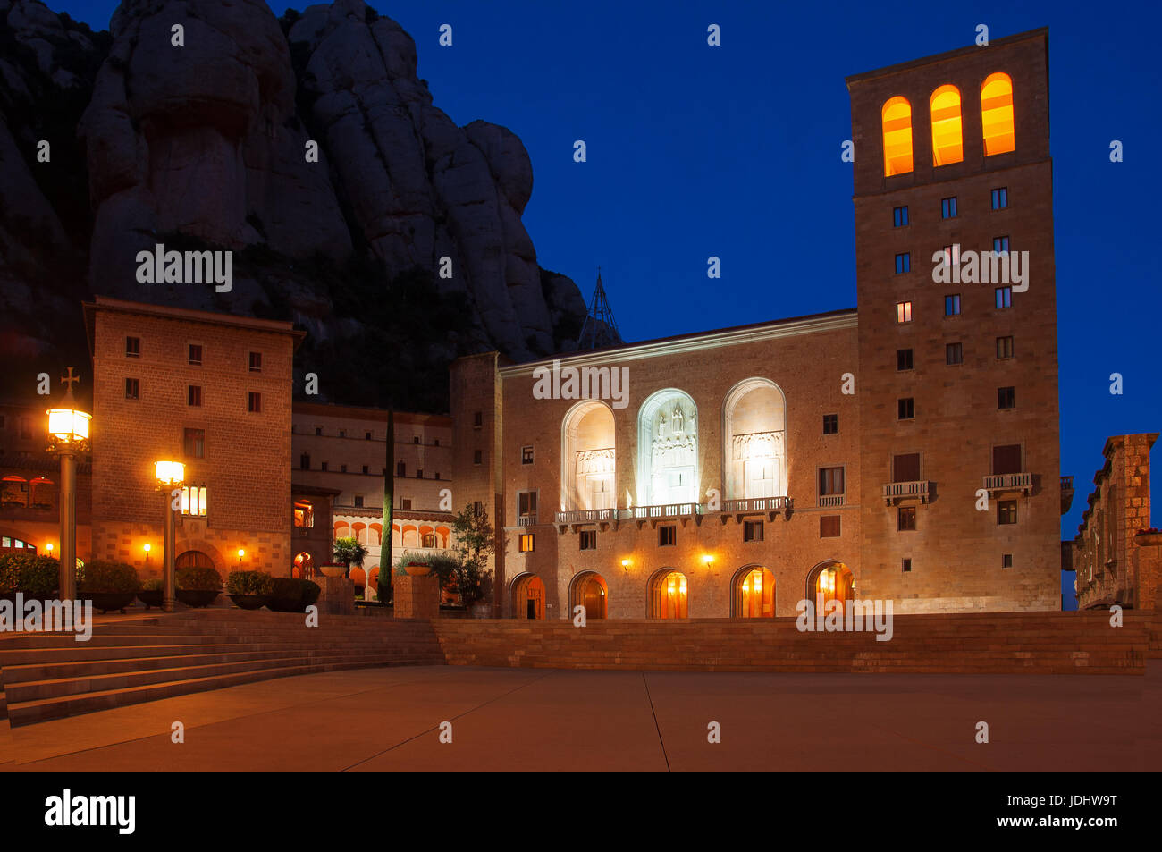 Spain. Montserrat Monastery. Night view of Santa Maria de Montserrat ...