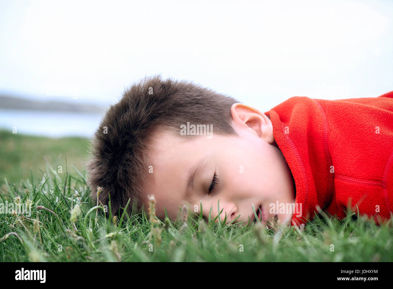 Boy Sleeping on Grass Stock Photo - Alamy