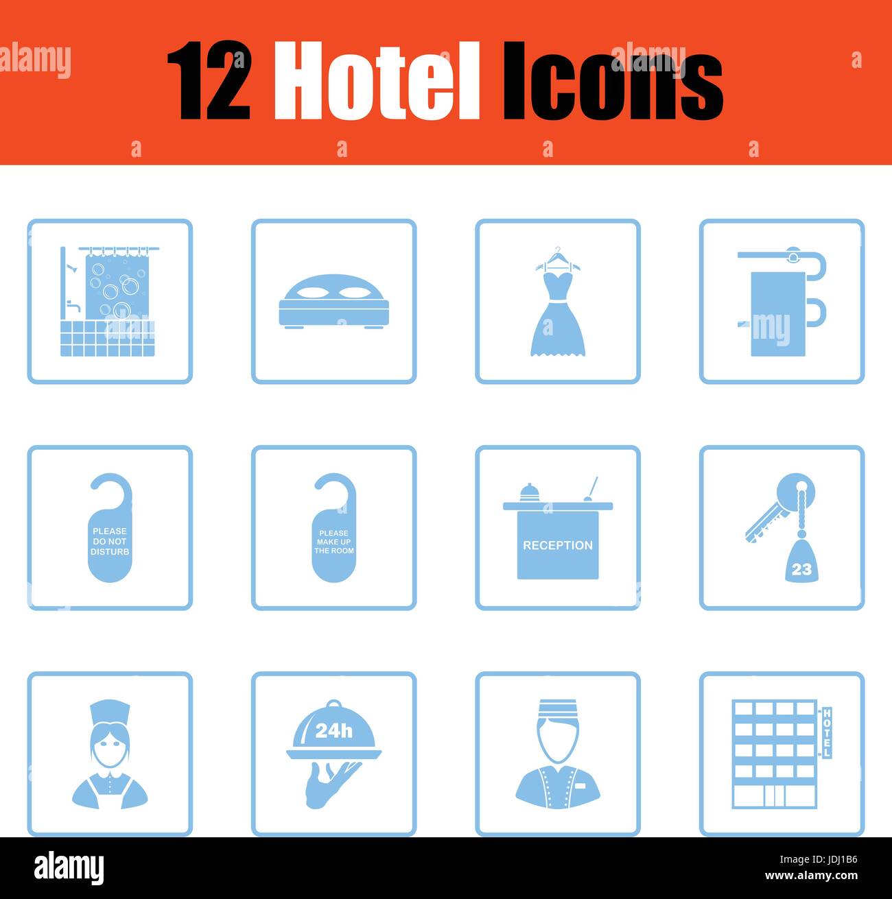 Set of twelve hotel icons. Blue frame design. Vector illustration Stock ...