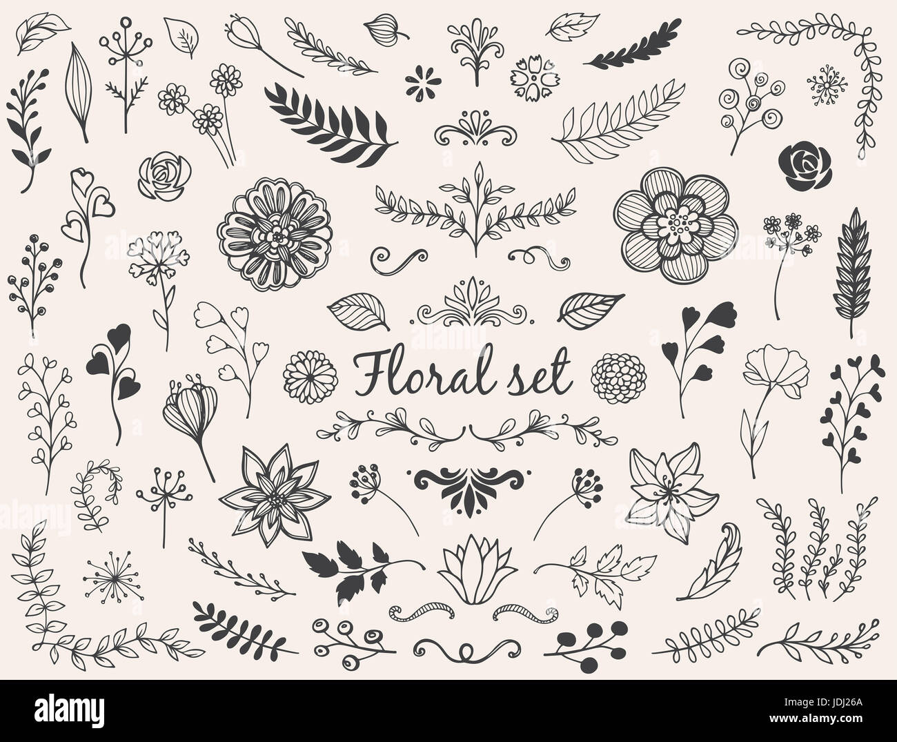 Set of hand drawn nature doodles. Decorative floral elements for design ...