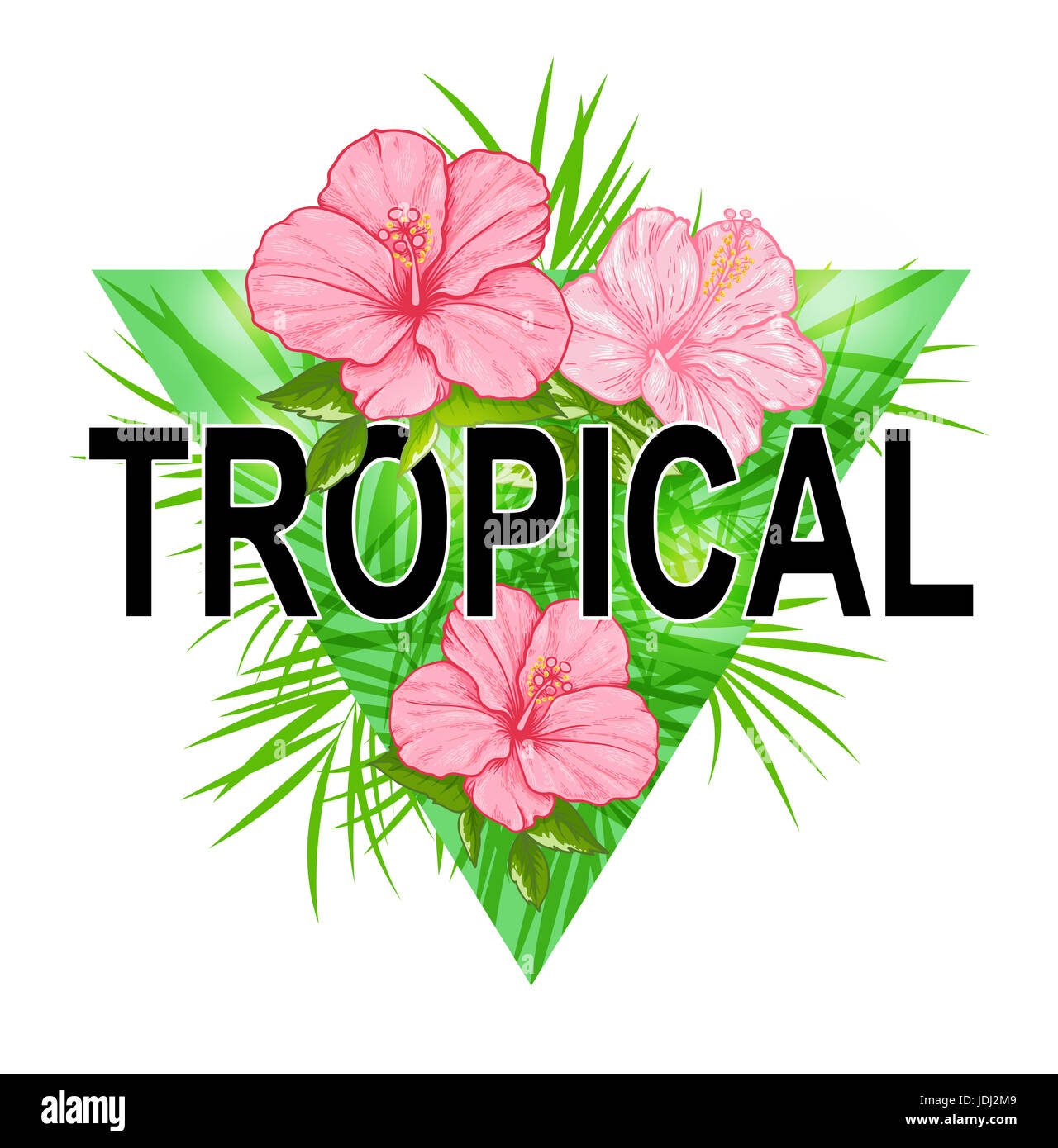 Abstract triangle tropical background with green leaves and pink ...