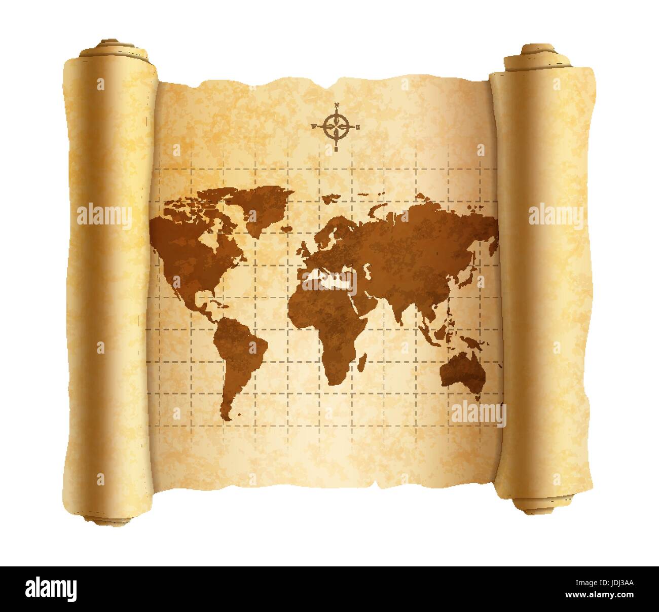Realistic ancient world map on old textured scroll isolated on white ...