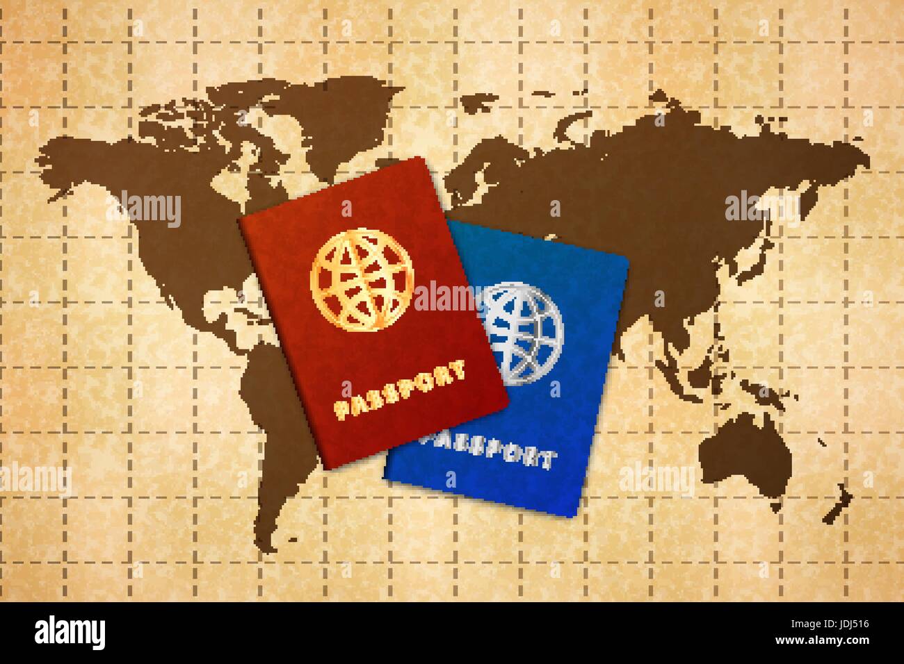 Two bright passports on ancient world map on old paper Stock Vector ...